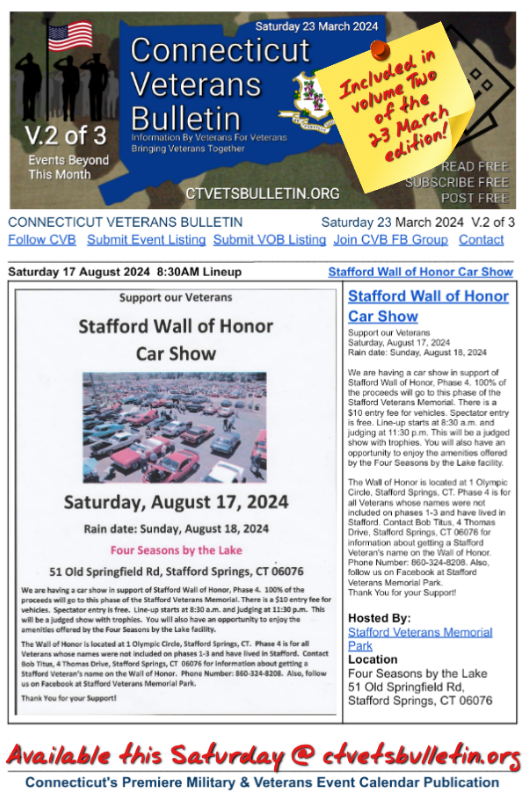 Stafford Wall of Honor Car Show – CONNECTICUT VETERANS BULLETIN