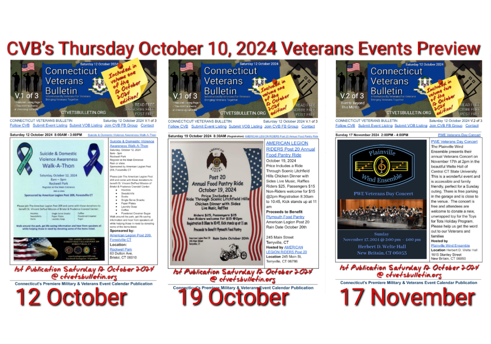 CVB’s Thursday October 10, 2024 Veterans Events Preview for the Upcoming Saturday Connecticut ...
